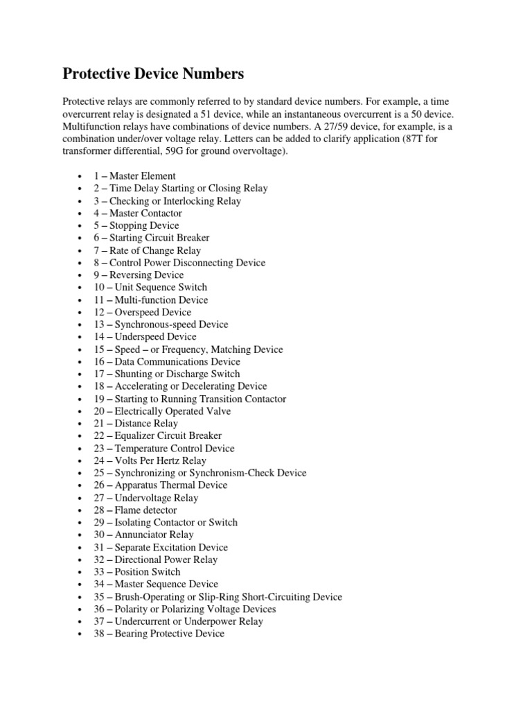 Protective Device Numbers | PDF | Relay | Switch