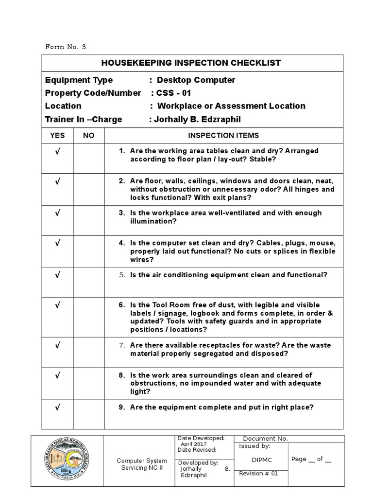 Form 3 - Housekeeping Inspection Checklist | Download Free PDF ...