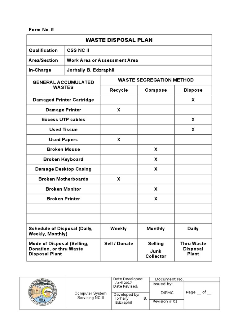 Waste Disposal Plan Sample Form | PDF