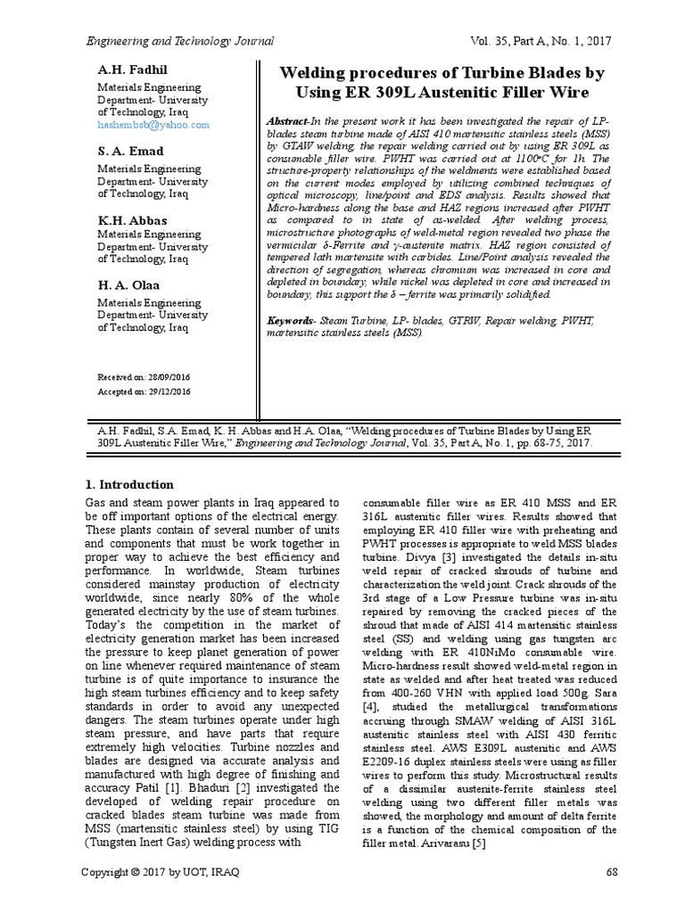 Welding Procedures of Turbine Blades by Using ER 309L Austenitic Filler ...