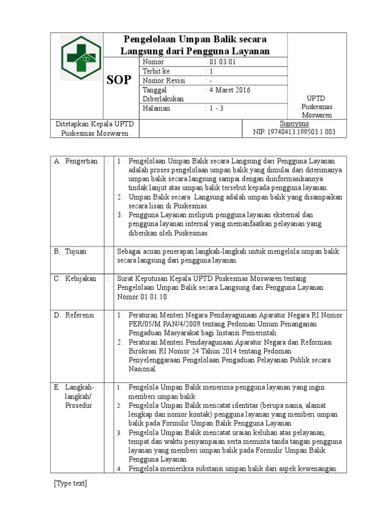 SOP Pengelolaan Umpan Balik Secara Langsung Dari Pengguna Layanan | PDF