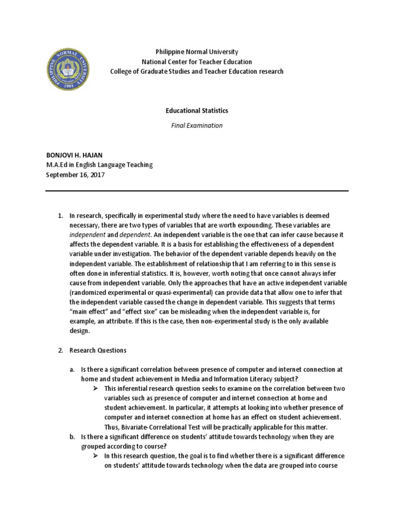 Educational Statistics Final Examination Pdf Quantitative Research