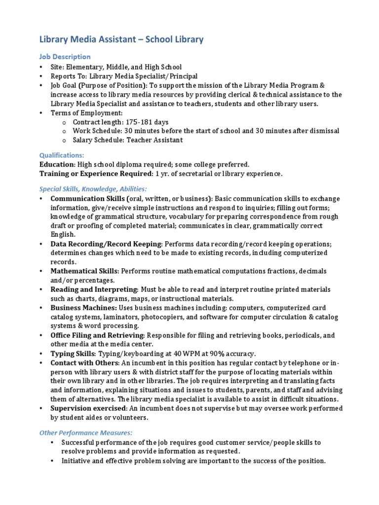 School Library Media Assistant Job Description | PDF | Libraries | Teachers