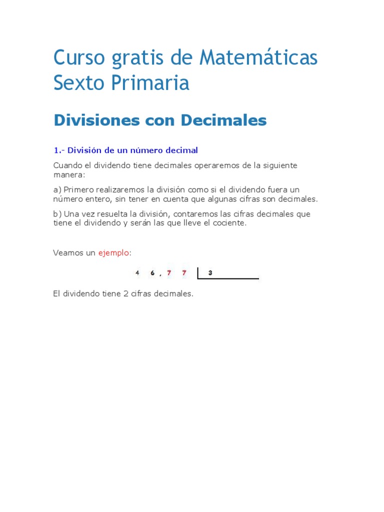 Curso Gratis de Matemáticas Sexto Primaria DIVIDIR DECIMALES | PDF ...