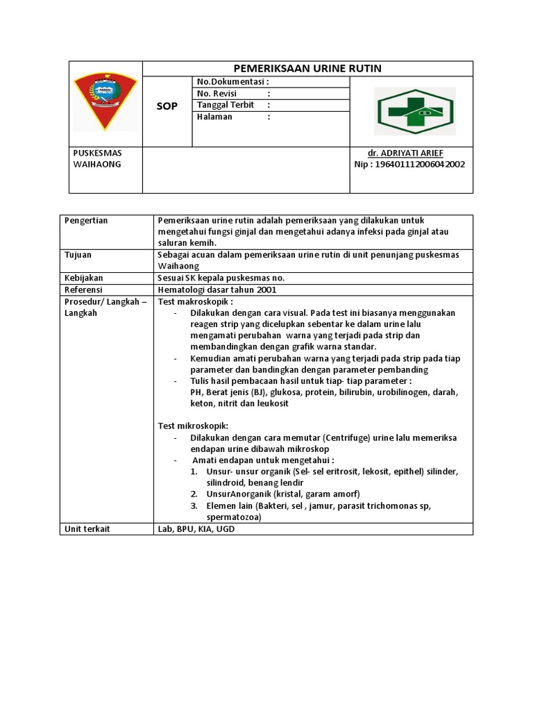 Sop Pemeriksaan Urin Rutin | PDF