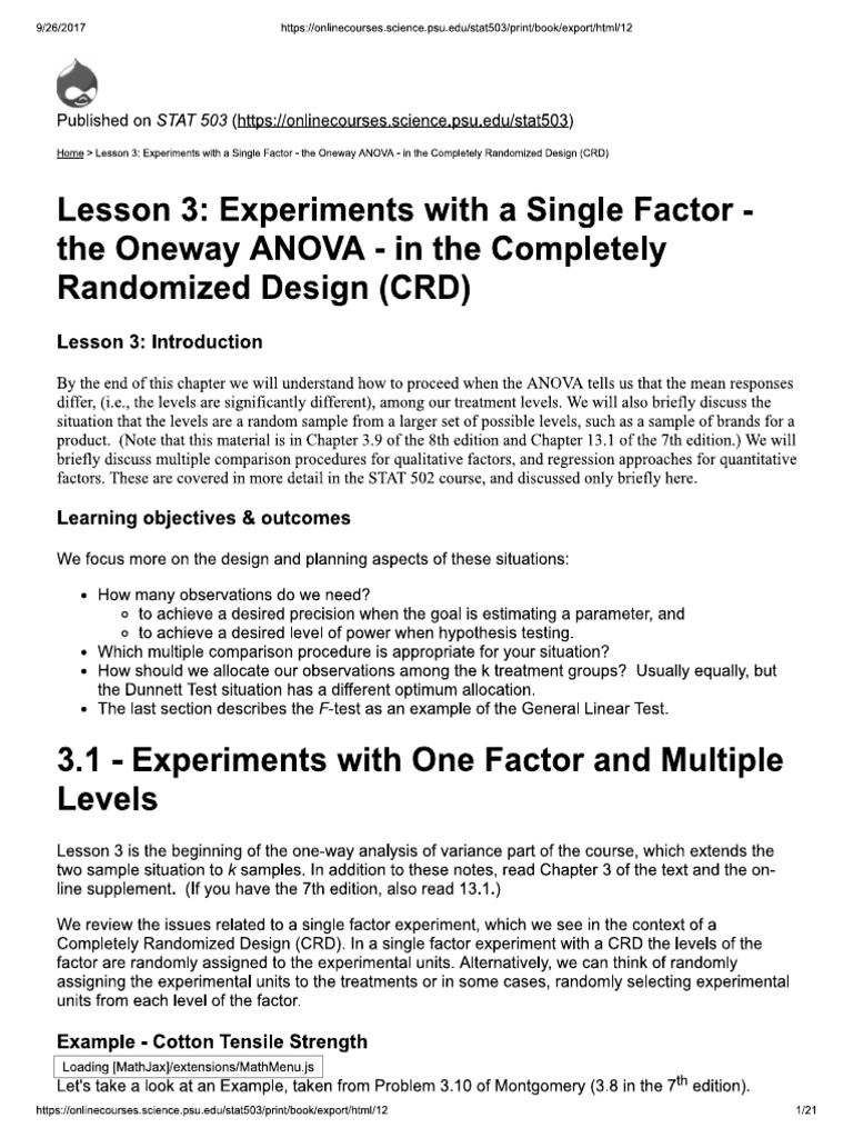 Lesson 3. Experiments With A Single Factor - The Oneway ANOVA - in The ...