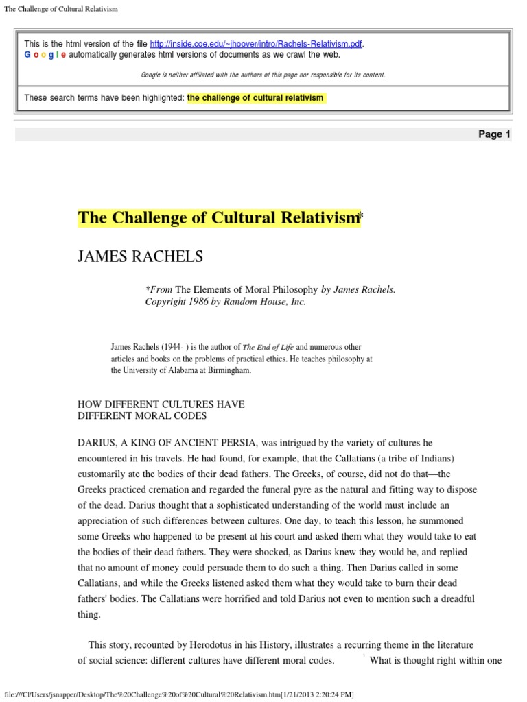 The Challenge of Cultural Relativism: James Rachels | PDF | Relativism ...
