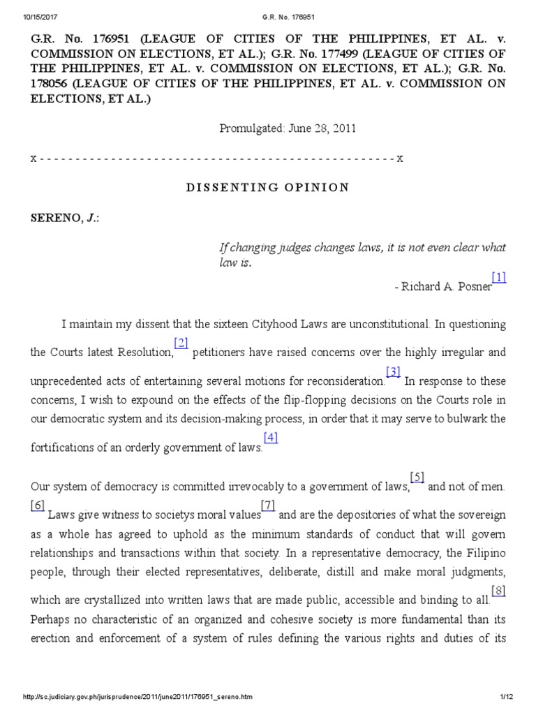 Dissenting Opinion of CJ Sereno in League of Cities v. COMELEC | PDF ...