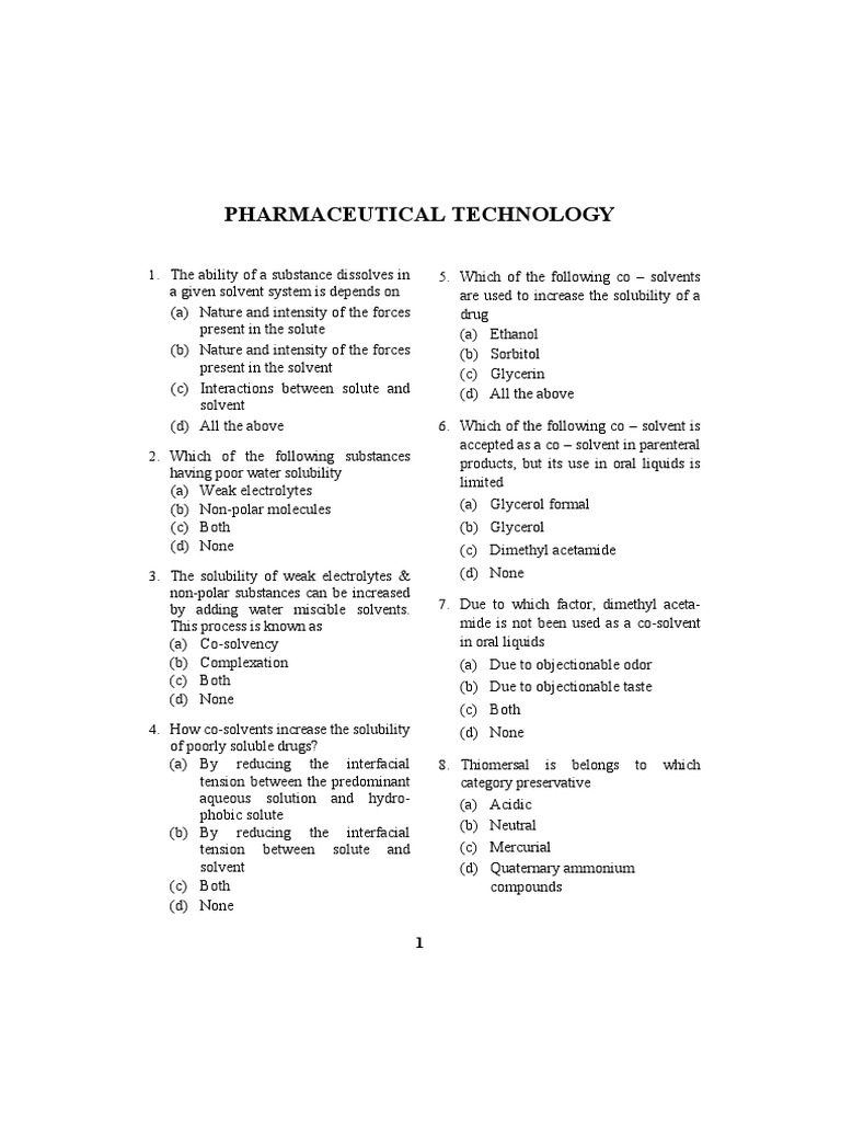 1 MCQ Pharmaceutical Technology | PDF | Tablet (Pharmacy) | Glasses