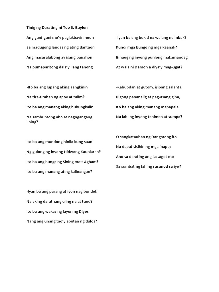 Tinig NG Darating Ni Teo S | PDF