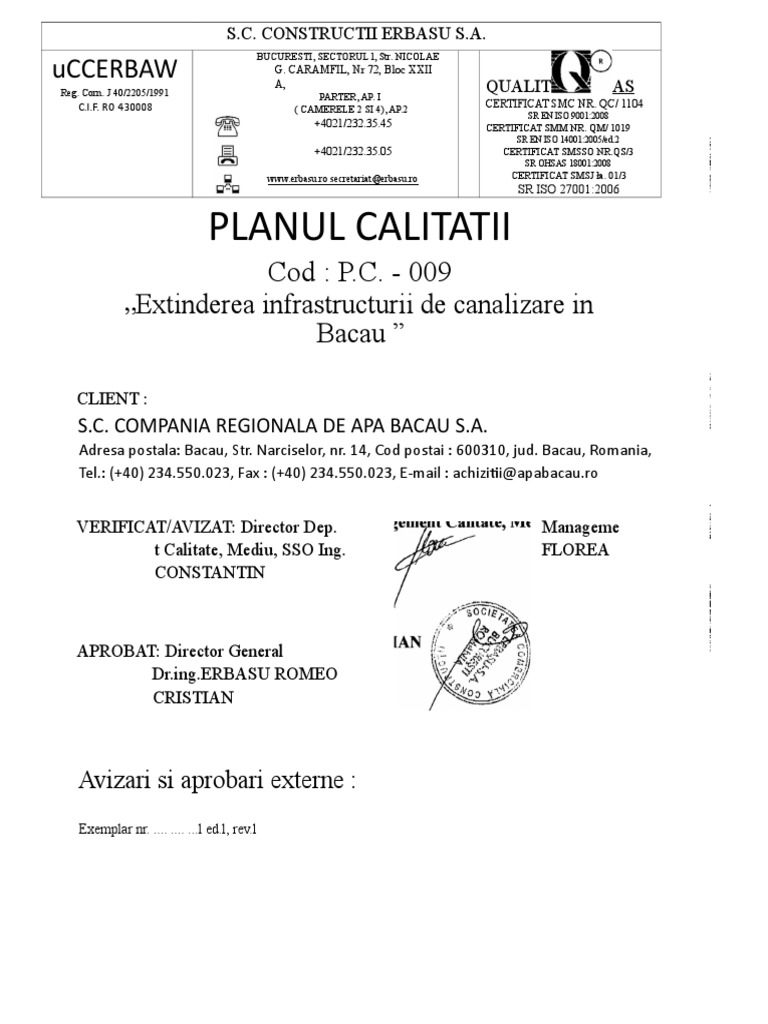 Planul Calitatii | PDF