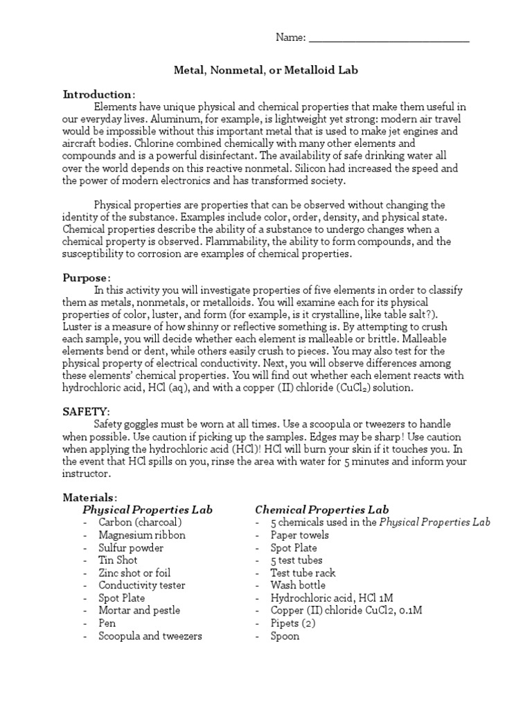 Classifying Metals, Nonmetals, and Metalloids | PDF | Metals ...