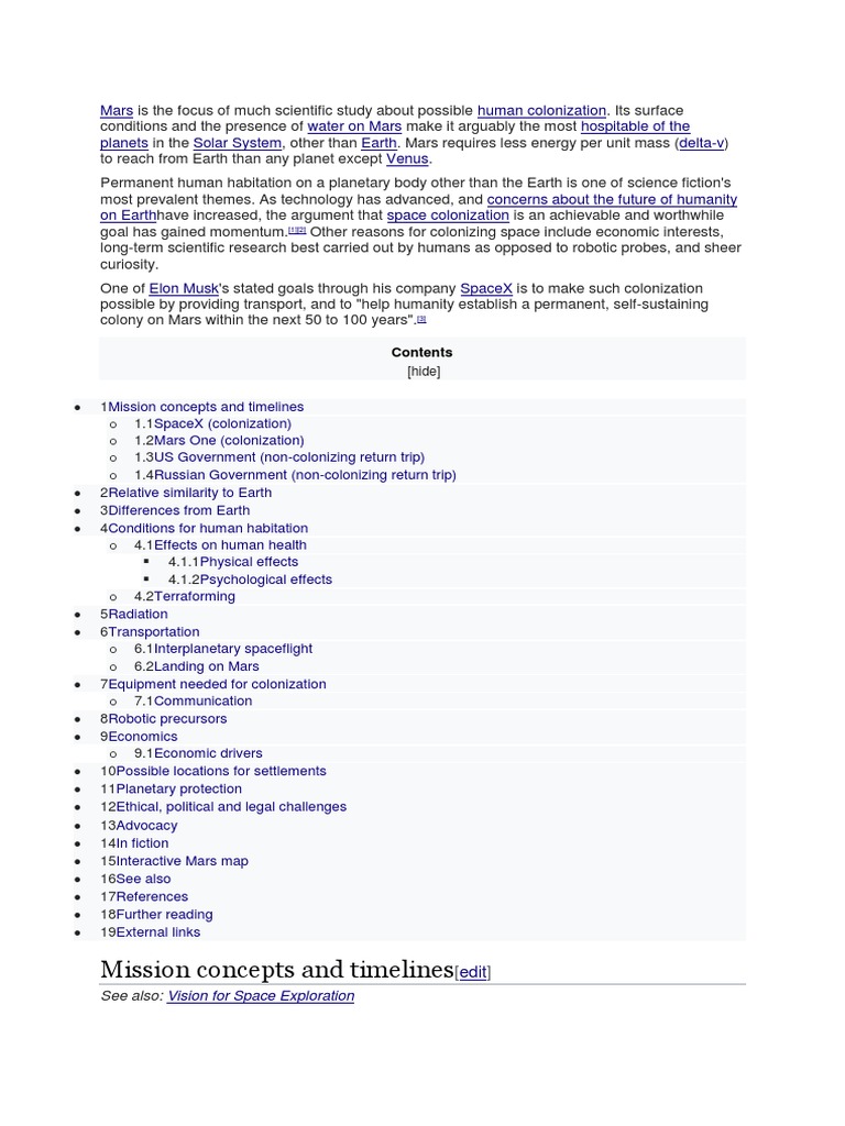 Mission Concepts and Timelines | PDF | Mars | Space Colonization