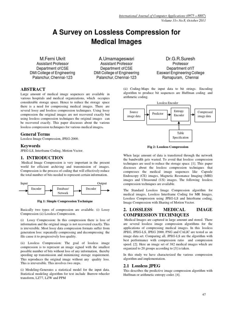 A Survey On Lossless Compression For Medical Images | PDF | Data Compression | Image Processing