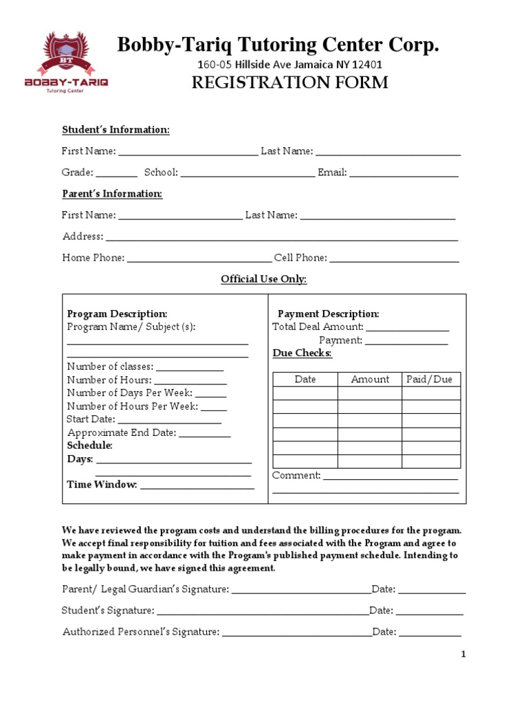 Bobby-Tariq Tutoring Registration Form | PDF | Government Information | Government
