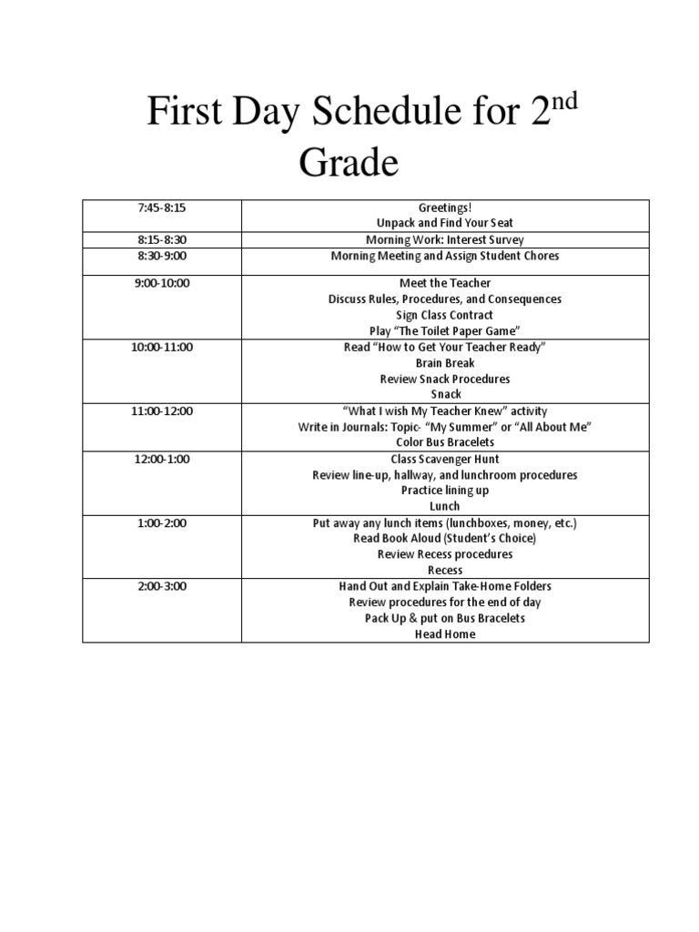 2nd Grade First Day Schedule | PDF