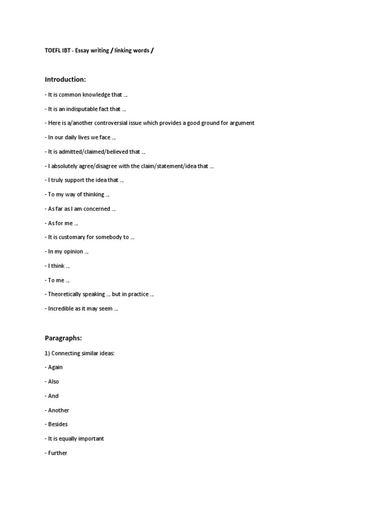TOEFL IBT - Essay Writing / Linking Words | PDF