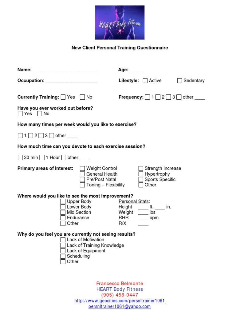 Client Personal Training Questionnaire PDF | PDF | Aerobic Exercise ...