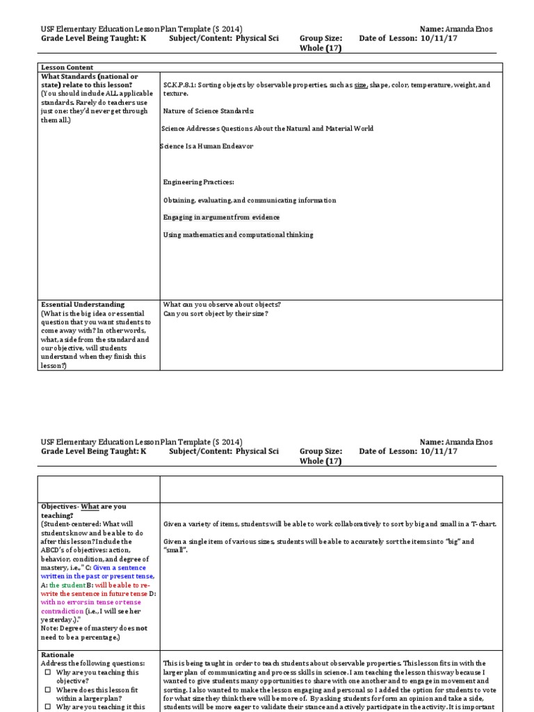 USF Elementary Education Lesson Plan Template (S 2014) | PDF | Lesson ...