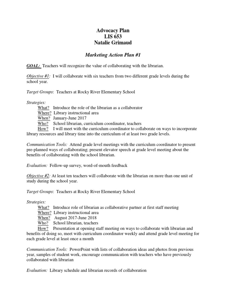 Advocacy Plan | PDF | Librarian | Head Teacher