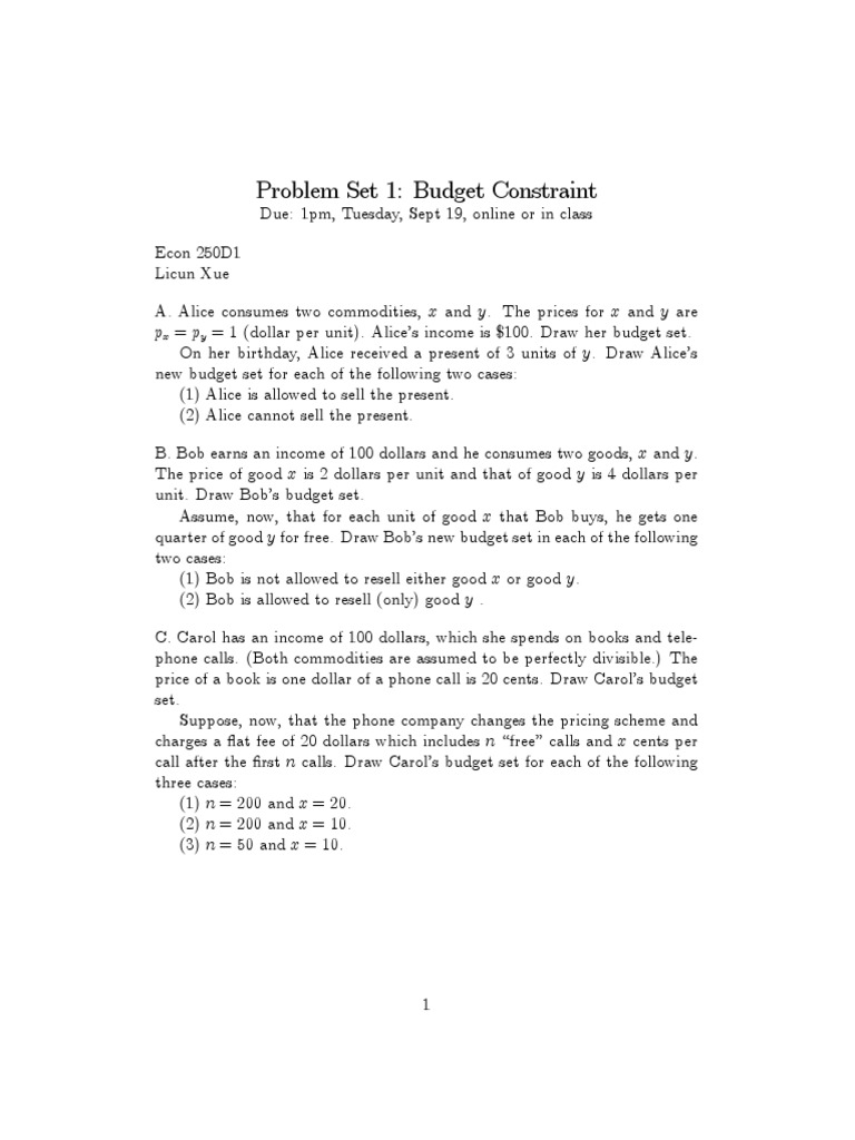 Problem Set 1 Budget Constraint Pdf Economics Business Economics