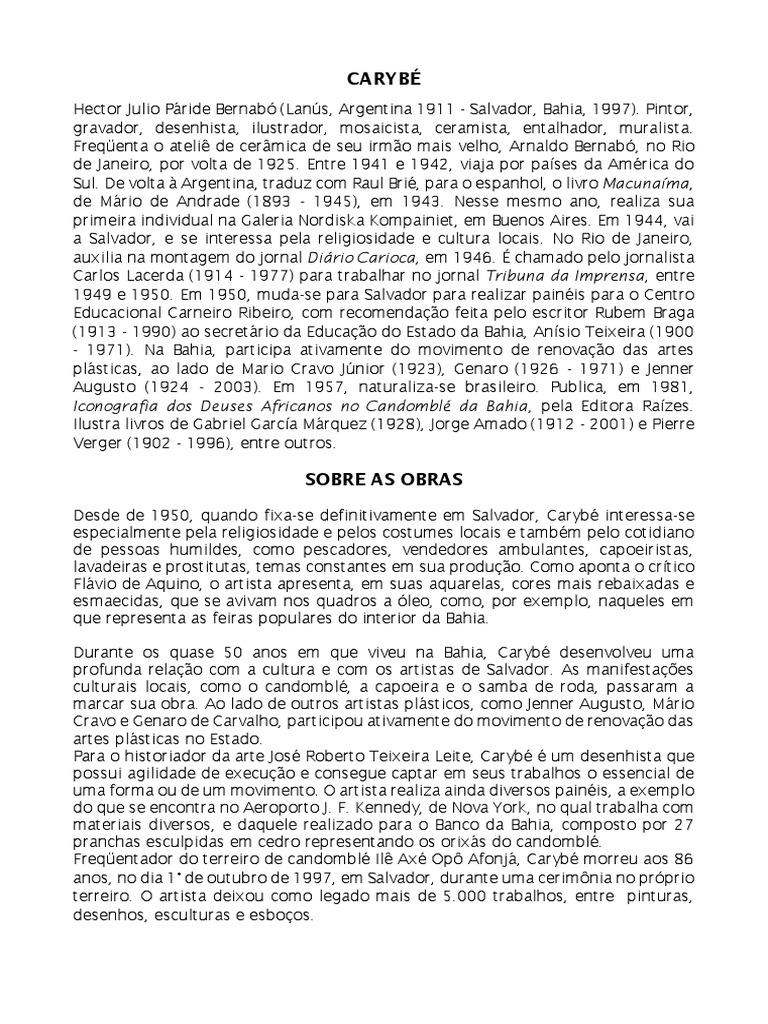 Obras E Legado De Carybé Em Salvador Pdf Artes Geral Pinturas