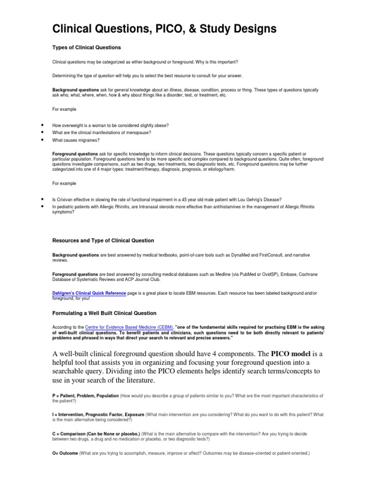 Clinical Questions, PICO, & Study Designs | PDF | Cohort Study ...