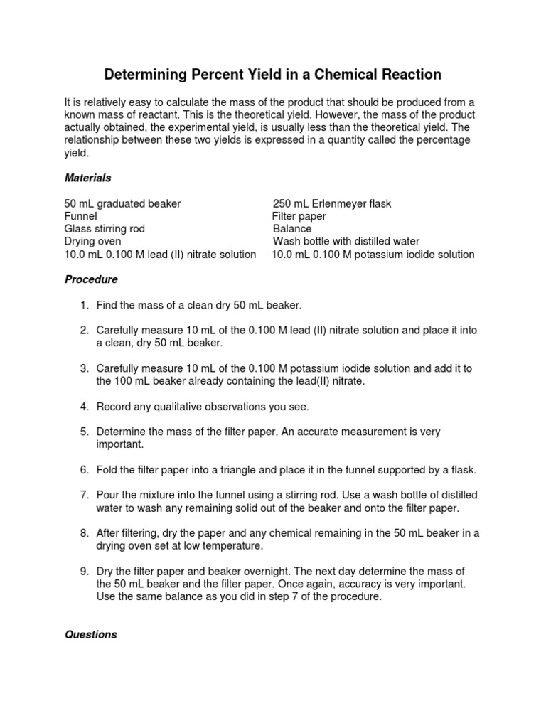 Determining Percent Yield in A Chemical Reaction Lab | Download Free ...
