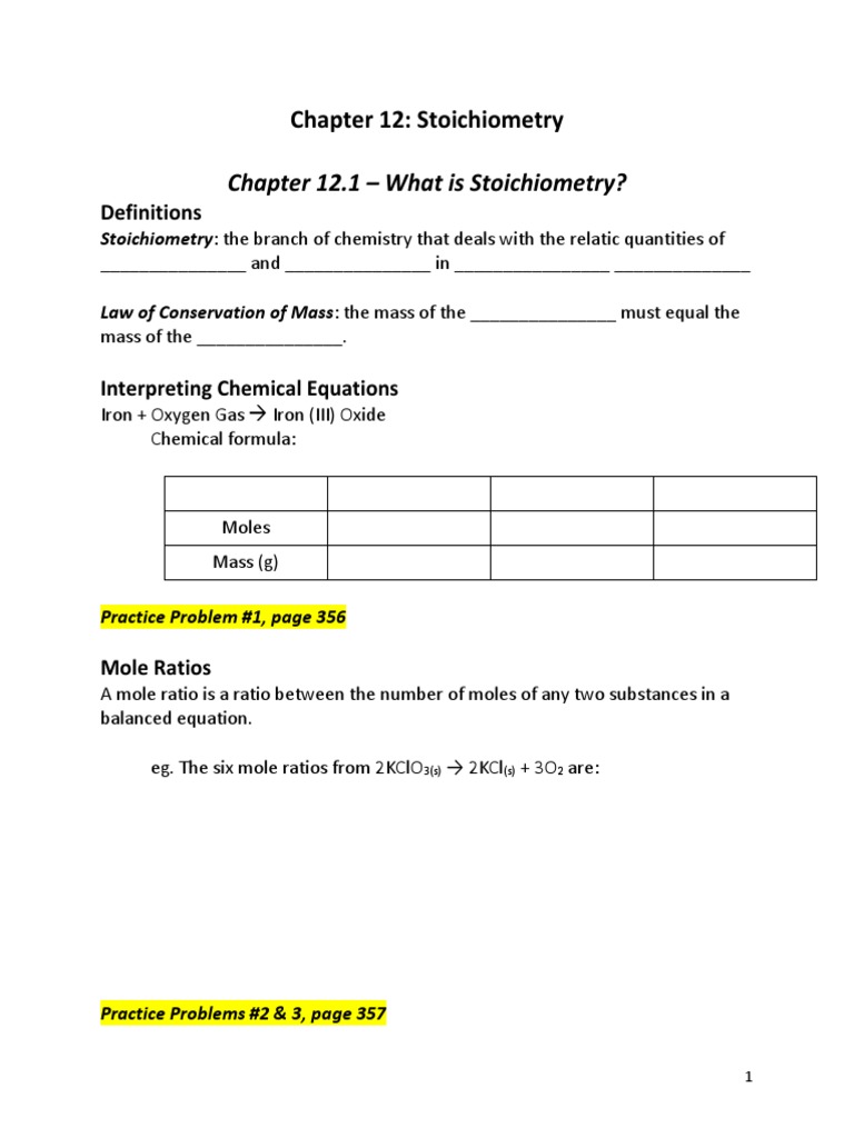 Chapter 12 Student Notes | PDF | Stoichiometry | Mole (Unit)