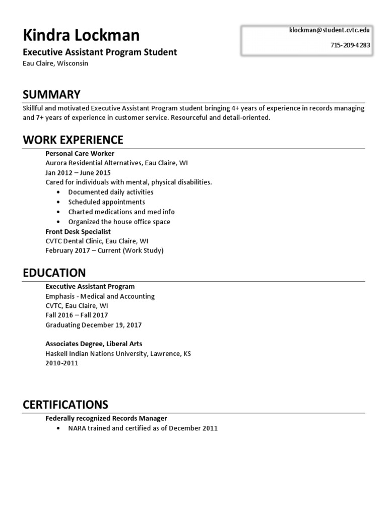 Kindra Lockman: Executive Assistant Program Student | PDF