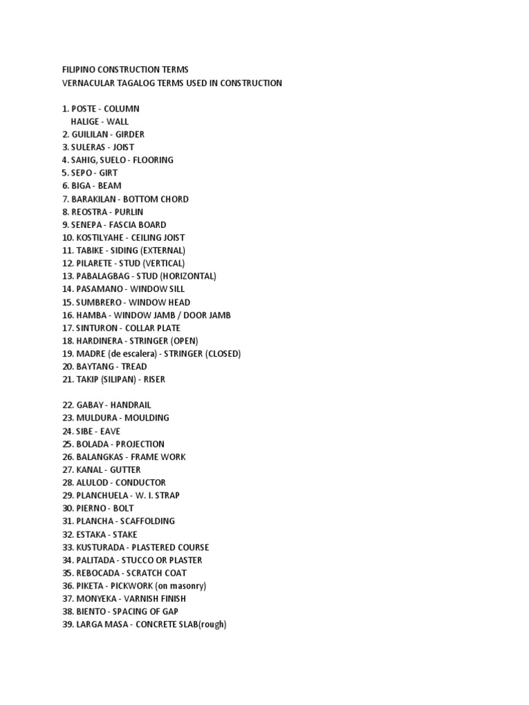 Filipino Construction Terms Tagalog | PDF