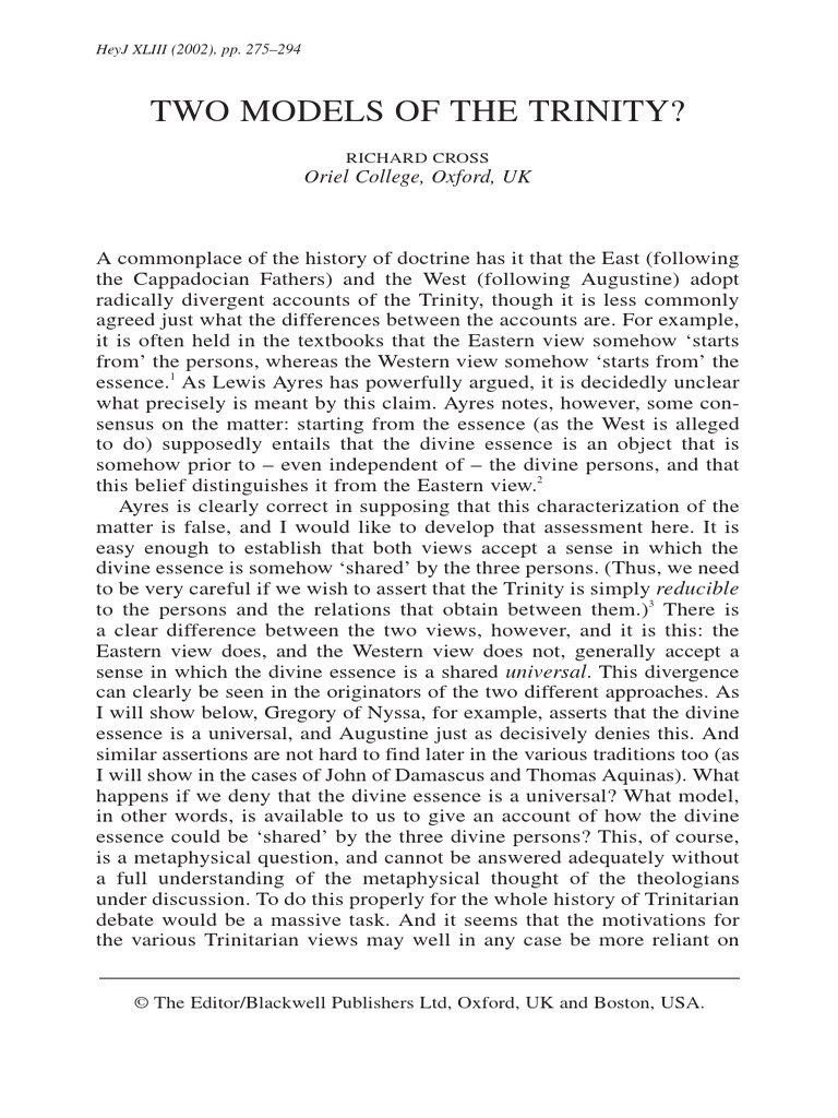 Cross 2002 - "Two Models of Trinity?" | PDF | Trinity | Substance Theory
