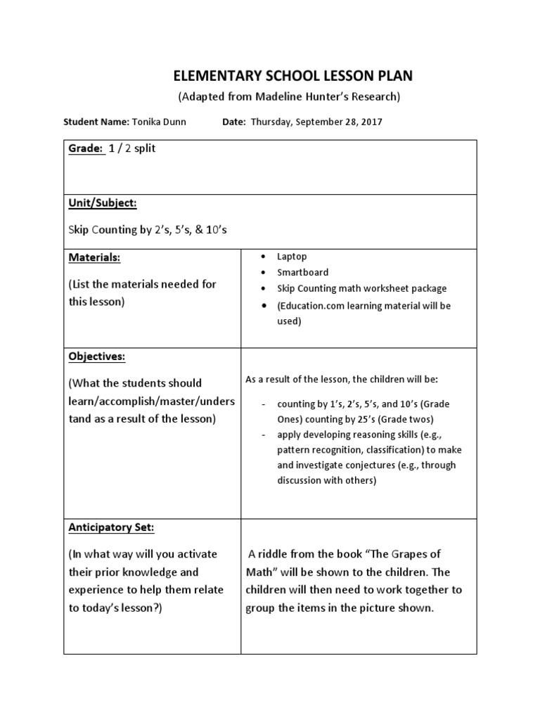 Elementary School Lesson Plan 2 - Skip Counting | PDF | Lesson Plan ...