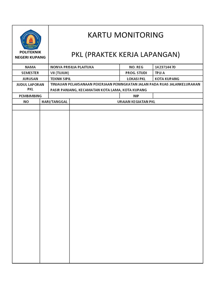 Kartu Monitoring PKL Teknik Sipil | PDF