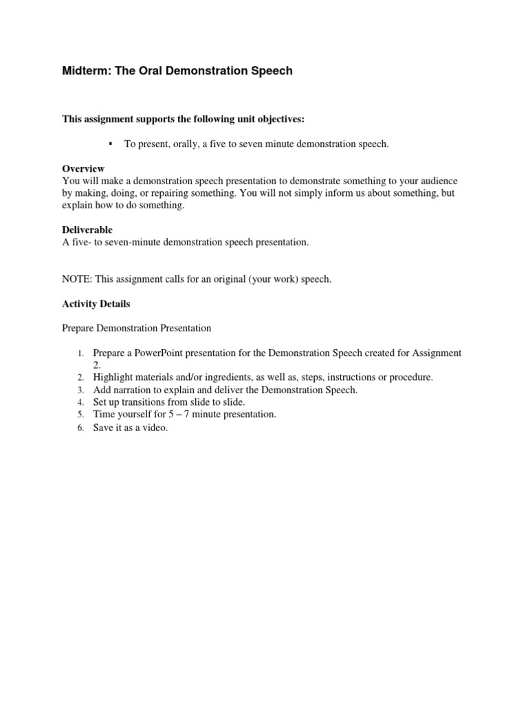 Midterm: The Oral Demonstration Speech: This Assignment Supports The ...