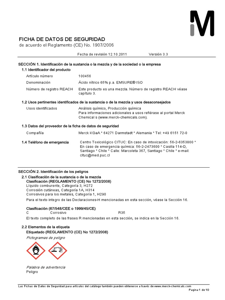 Acido Nítrico 100456 - Merck | PDF | Quemar | Agua