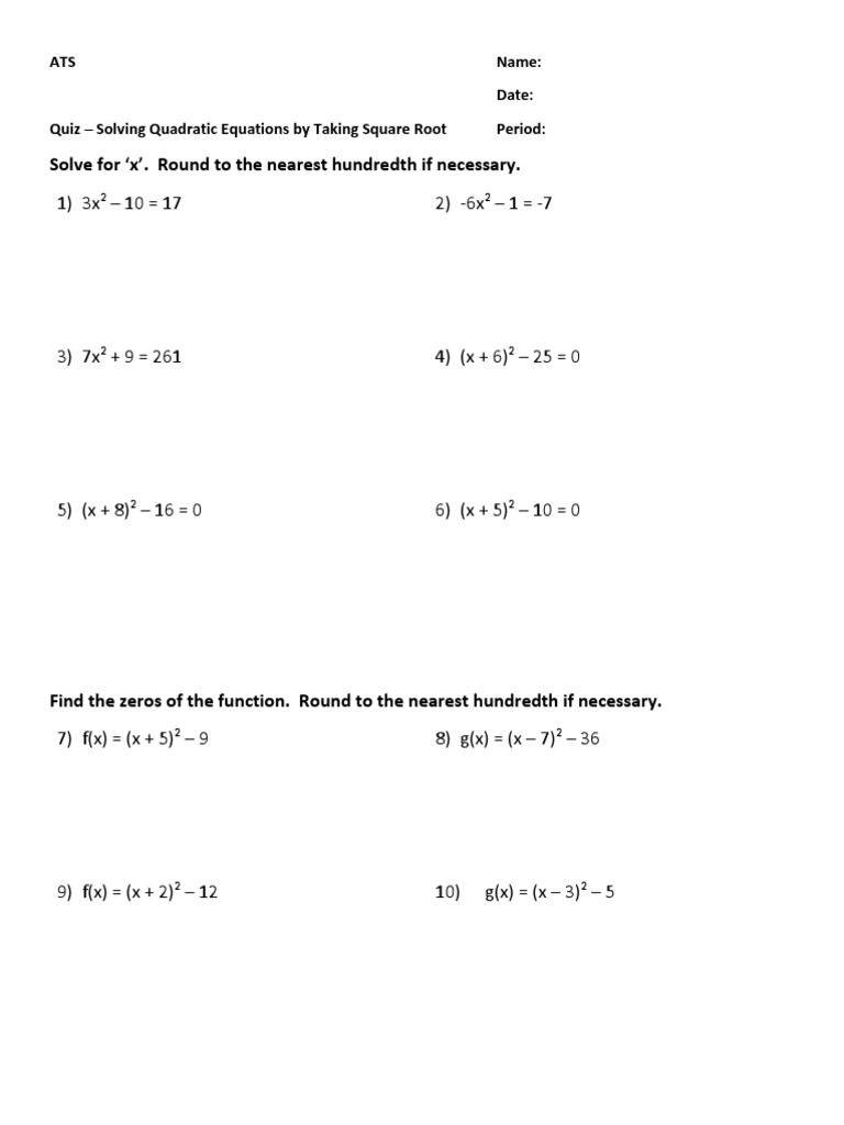 Quiz - Solve Quadratic Equations by Taking Square Roots | PDF