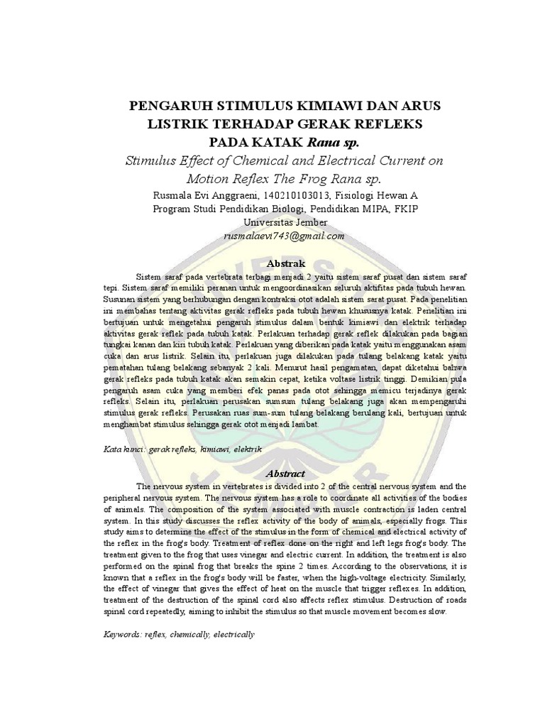 Pengaruh Stimulus Kimiawi dan Arus Listrik Terhadap Gerak Refleks Pada ...