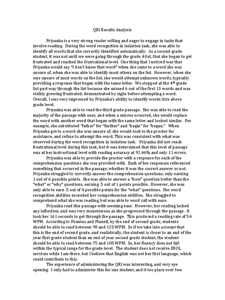 Qri Results Analysis | PDF | Reading Comprehension | Reading (Process)