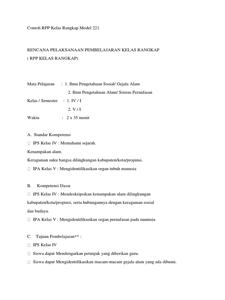 Contoh RPP Kelas Rangkap Model 221 IPA K | PDF