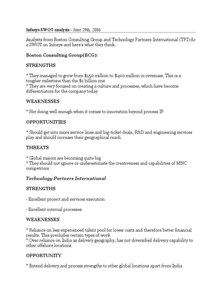Infosys SWOT Analysis 2006 | PDF