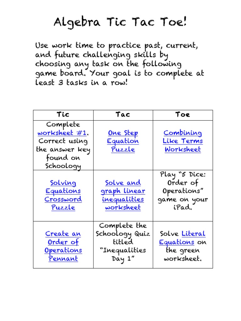 Algebra Tic Tac Toe Activities | PDF