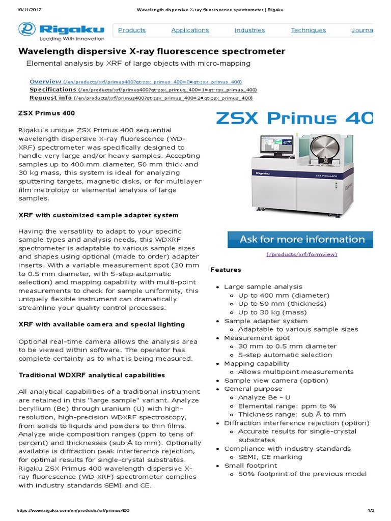 ZSX Primus 400: Large Sample XRF Analysis | PDF | Optics | Scientific ...
