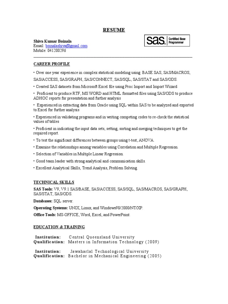 Sas Resume | Download Free PDF | Sas (Software) | Microsoft Excel