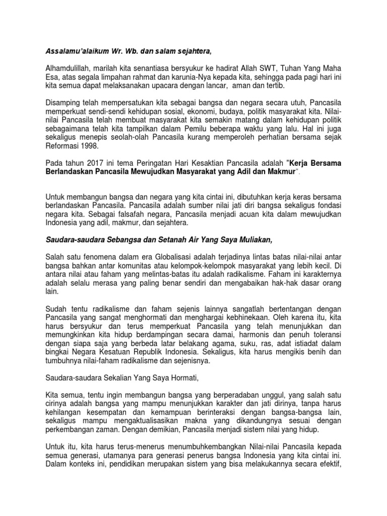 Contoh PIDATO Hari Kesaktian Pancasila 2017 | PDF