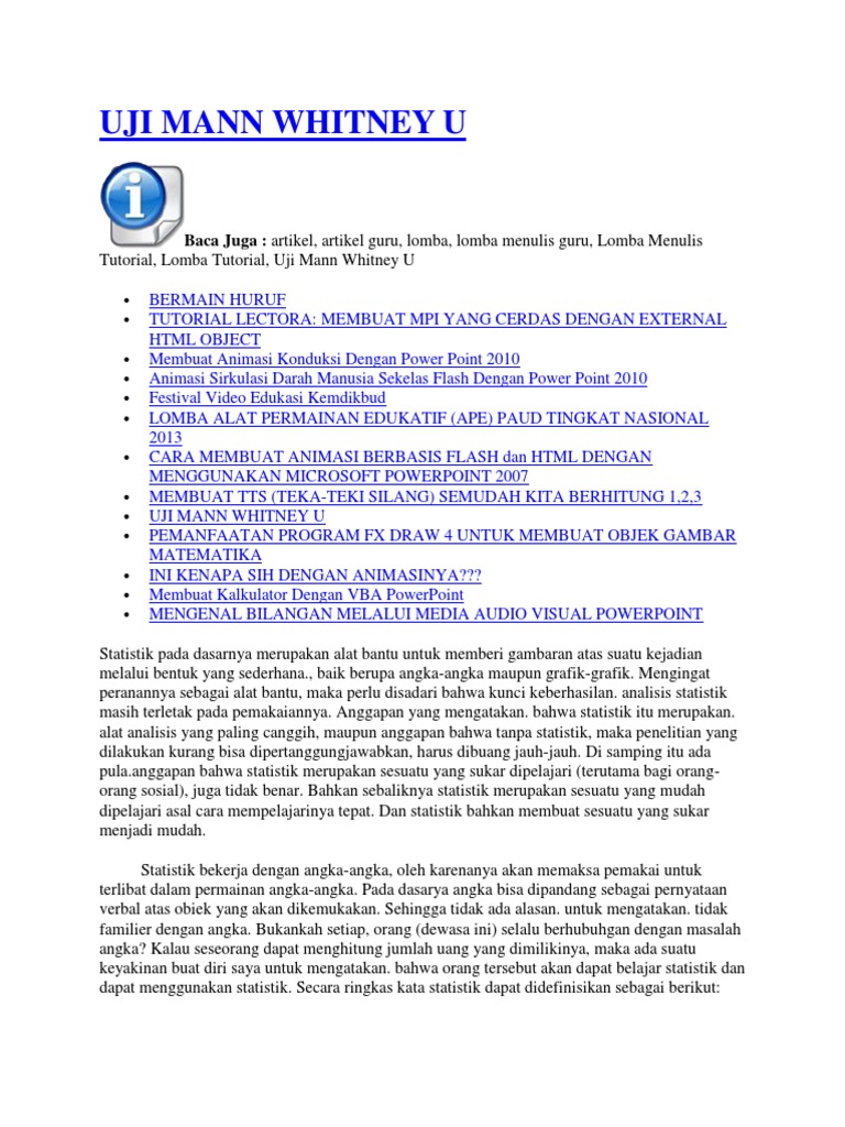 Uji Mann Whitney U: Analisis Statistik | PDF