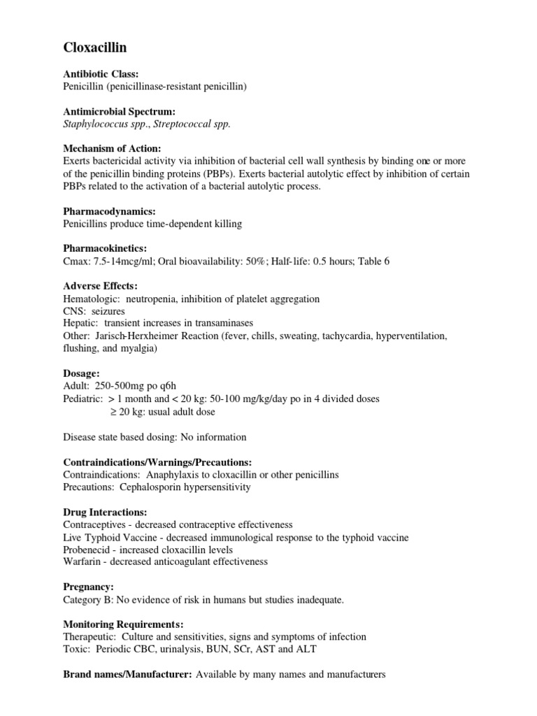 Cloxacillin: Uses, Dosage, and Risks | PDF