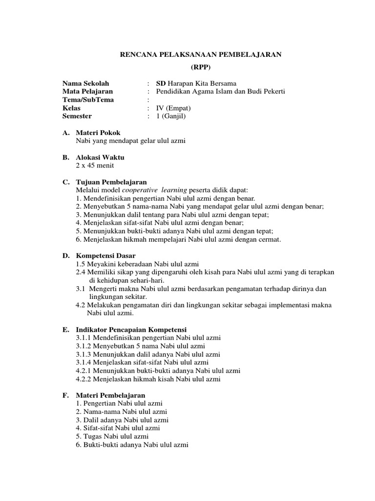 Contoh RPP Pai SD Kelas 4 Kurikulum 2013 | PDF