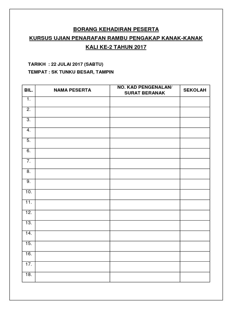 Contoh Borang Kehadiran Peserta Kursus - Olivia Hodges