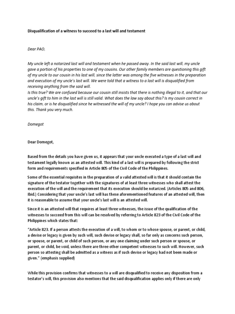 Disqualification of A Witness To Succeed To A Last Will and Testament ...